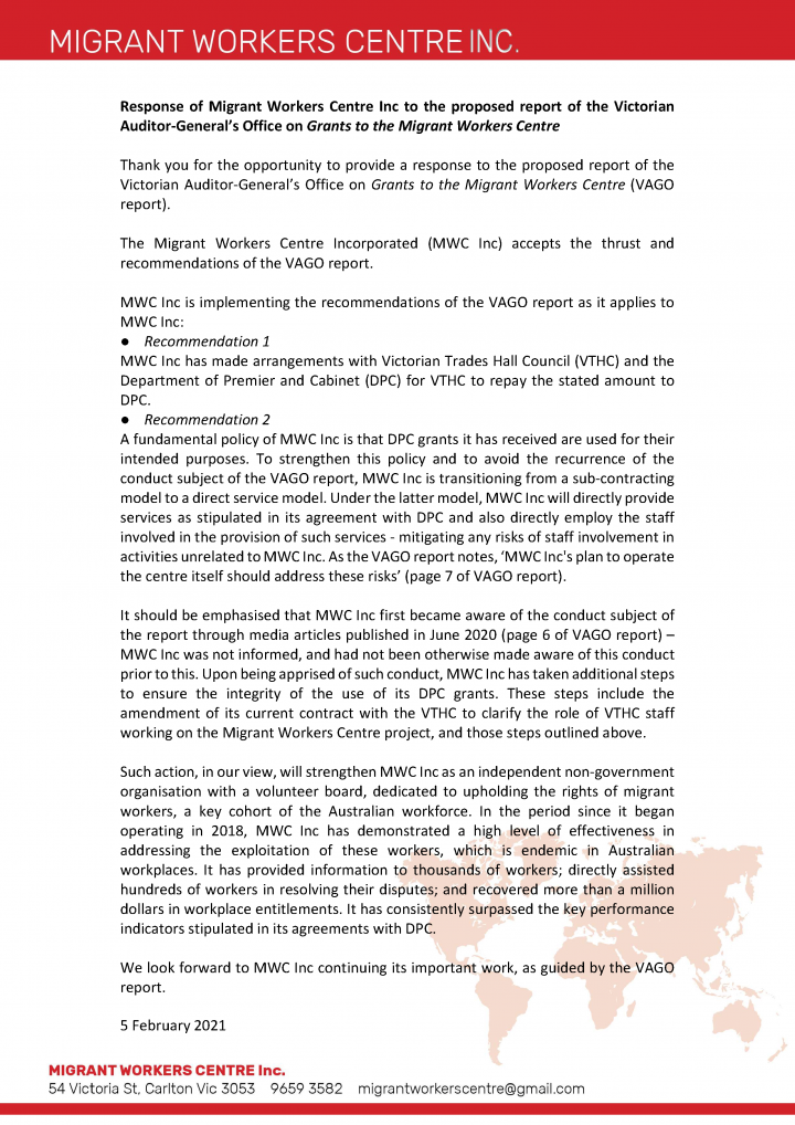 Grants to the Migrant Workers Centre | Victorian Auditor-General's Office